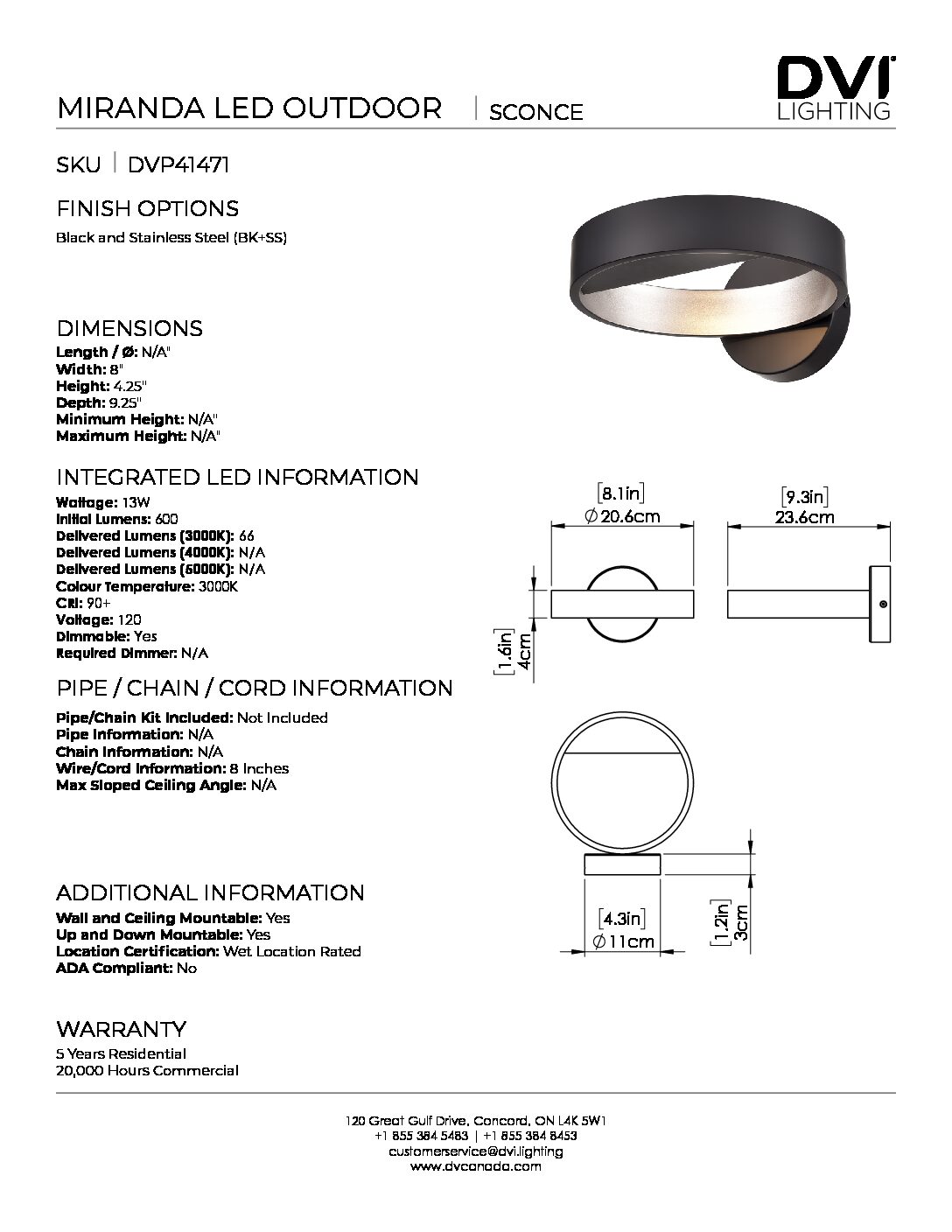 Miranda LED Outdoor 4.25 Inch Sconce | DVI Lighting