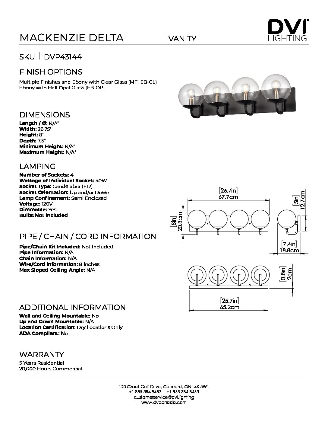 Mackenzie Delta 4 Light Vanity | DVI Lighting